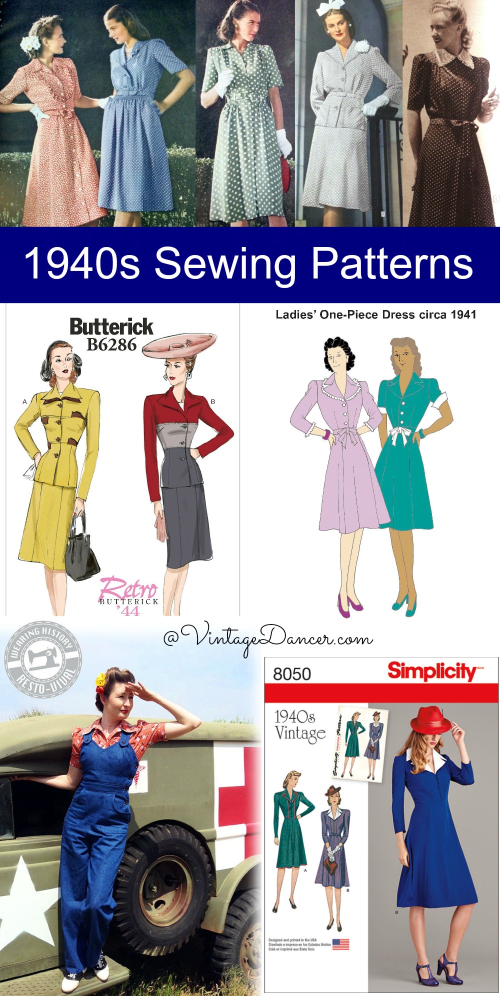 1940s Sewing Patterns - Dresses, Overalls, Lingerie etc
